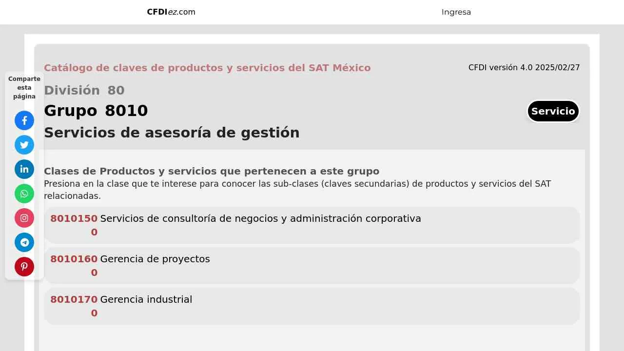 Grupo de clases del catálogo de productos y servicios del SAT